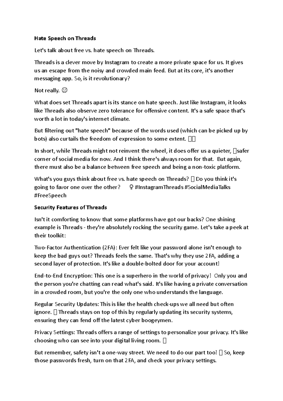 Week 1 - Social media - Hate Speech on Threads Let's talk about free vs ...