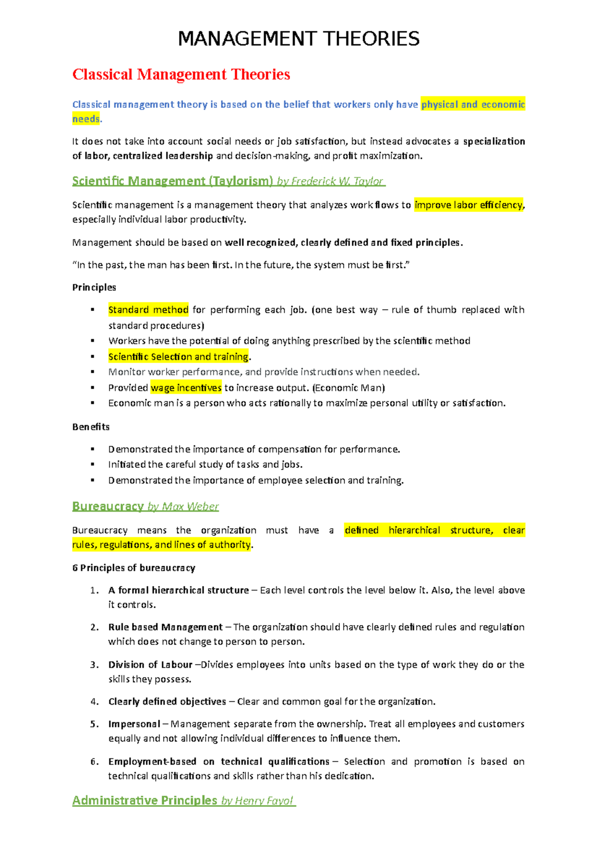 Chapter 2-Management Theories - MANAGEMENT THEORIES Classical ...