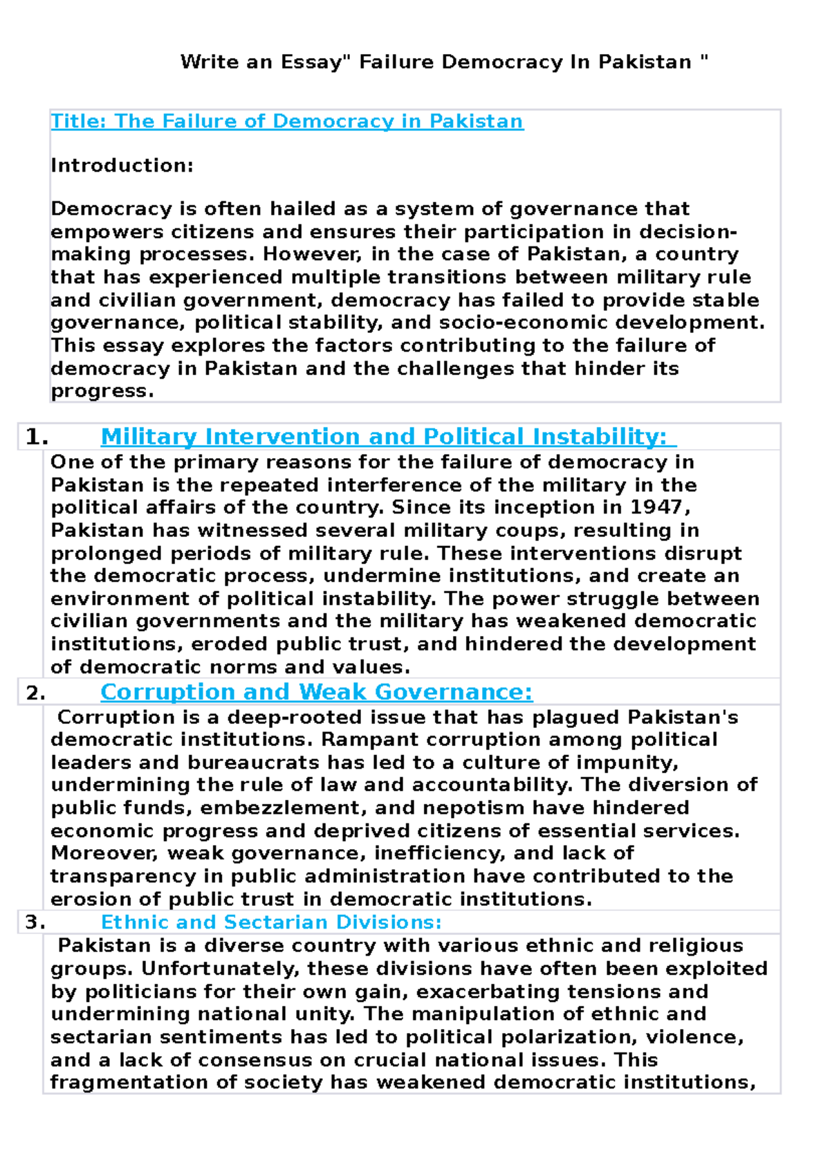 The Failure of Democracy in Pakistan - Write an Essay" Failure ...