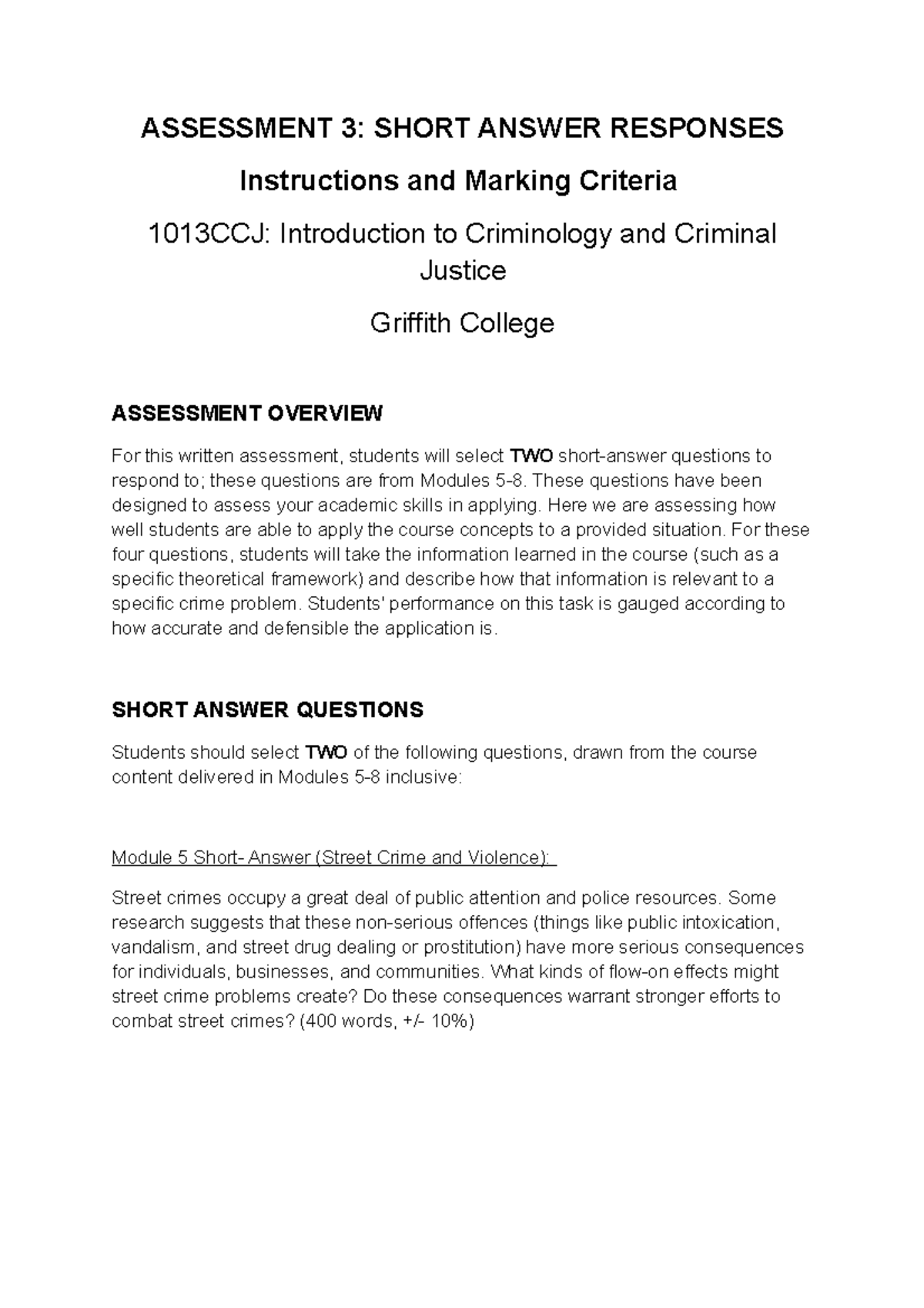 Instruction Short Answer Assessment 3 - ASSESSMENT 3: SHORT ANSWER ...