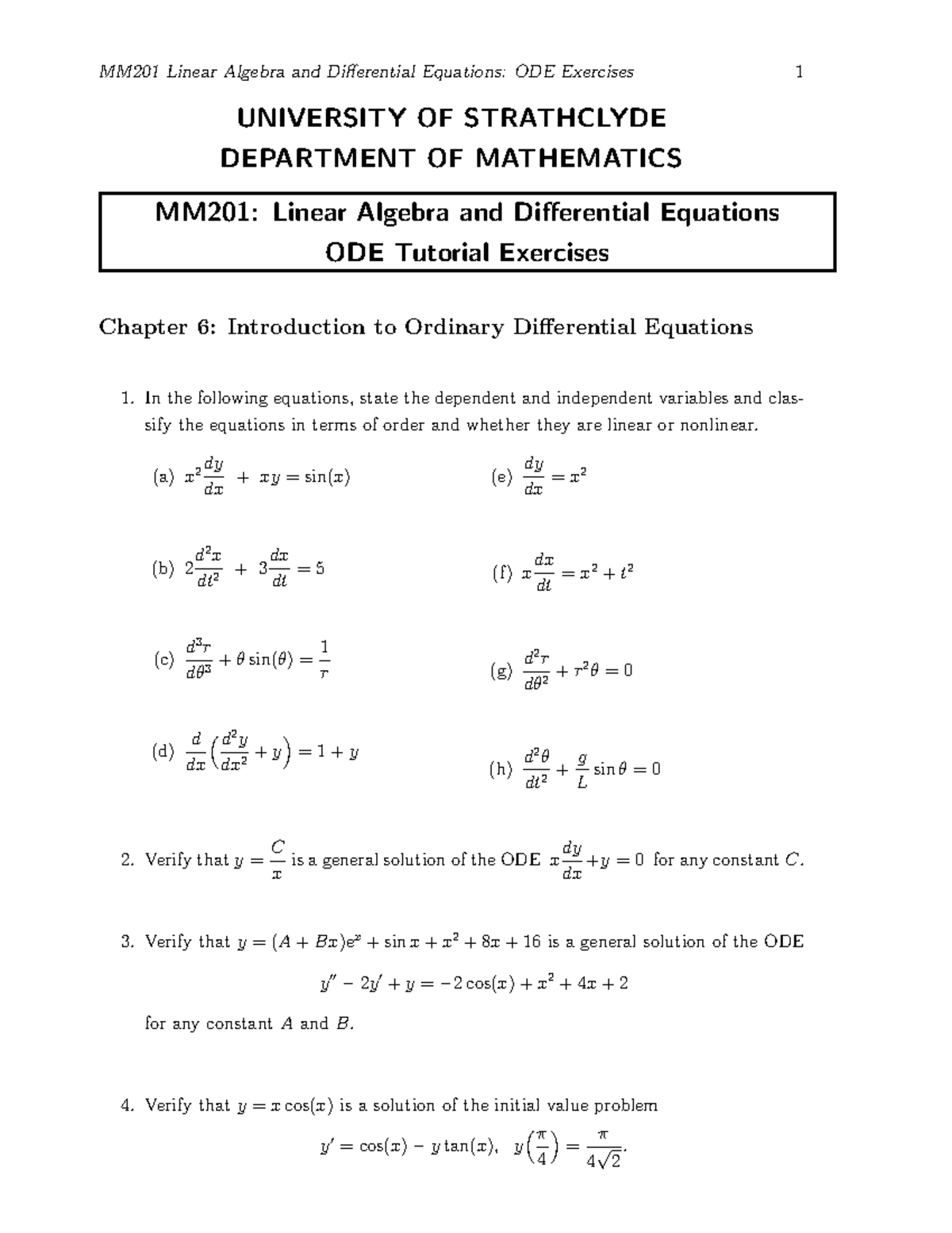 ODES Exercises - UNIVERSITY OF STRATHCLYDE DEPARTMENT OF MATHEMATICS ...