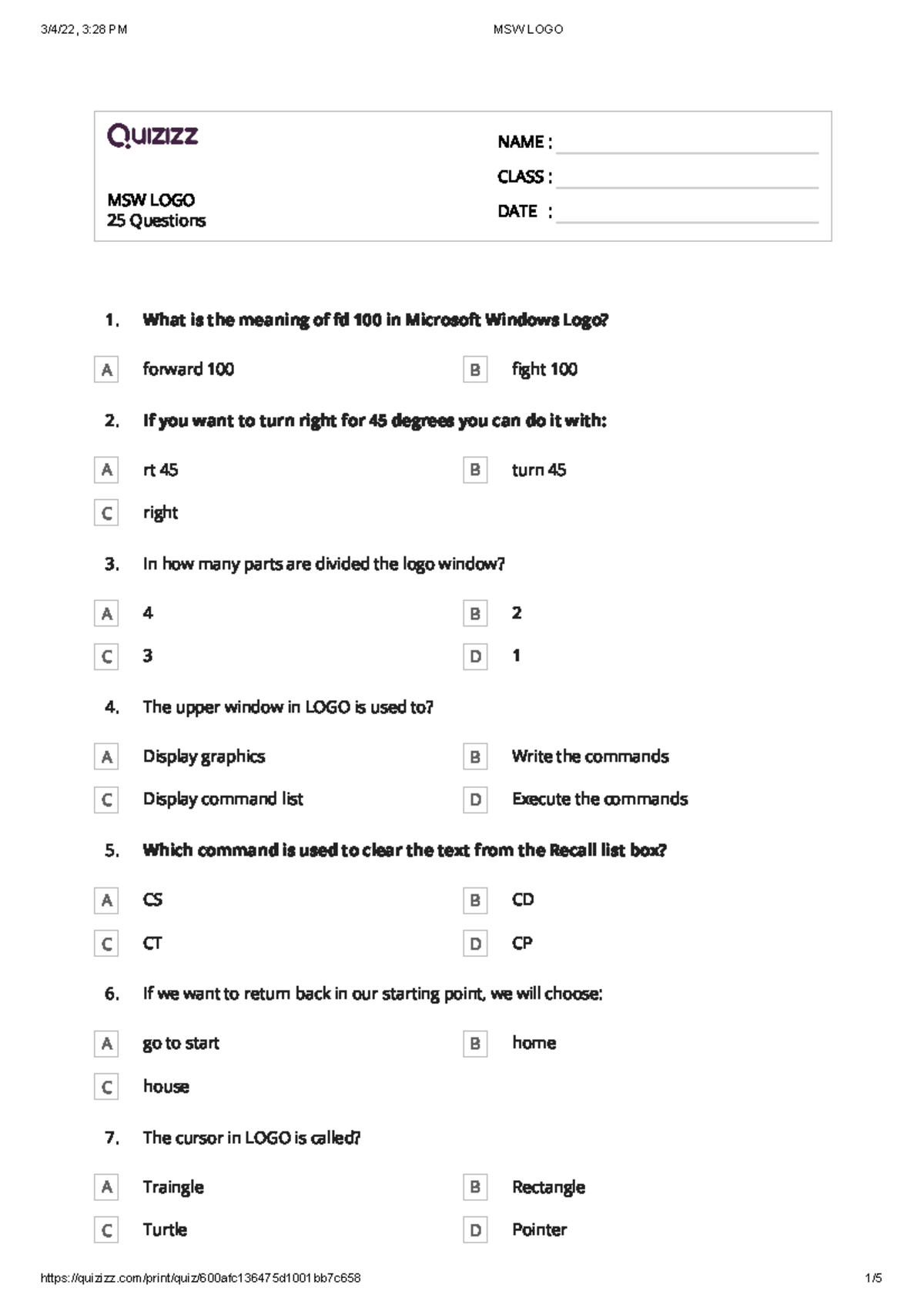 MSW LOGO Practice Details MSW LOGO 25 Questions NAME CLASS DATE