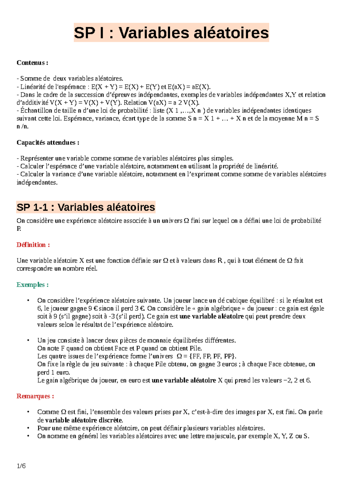Variable Aleatoire Sp I Variables Aléatoires Contenus Somme De Deux Variables Aléatoires
