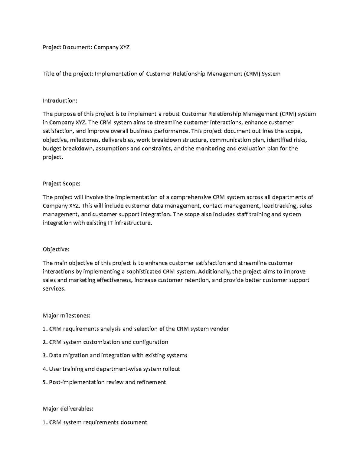 MGMT TEAM Assignment 1 - Project Document: Company XYZ Title of the project: Implementation of ...