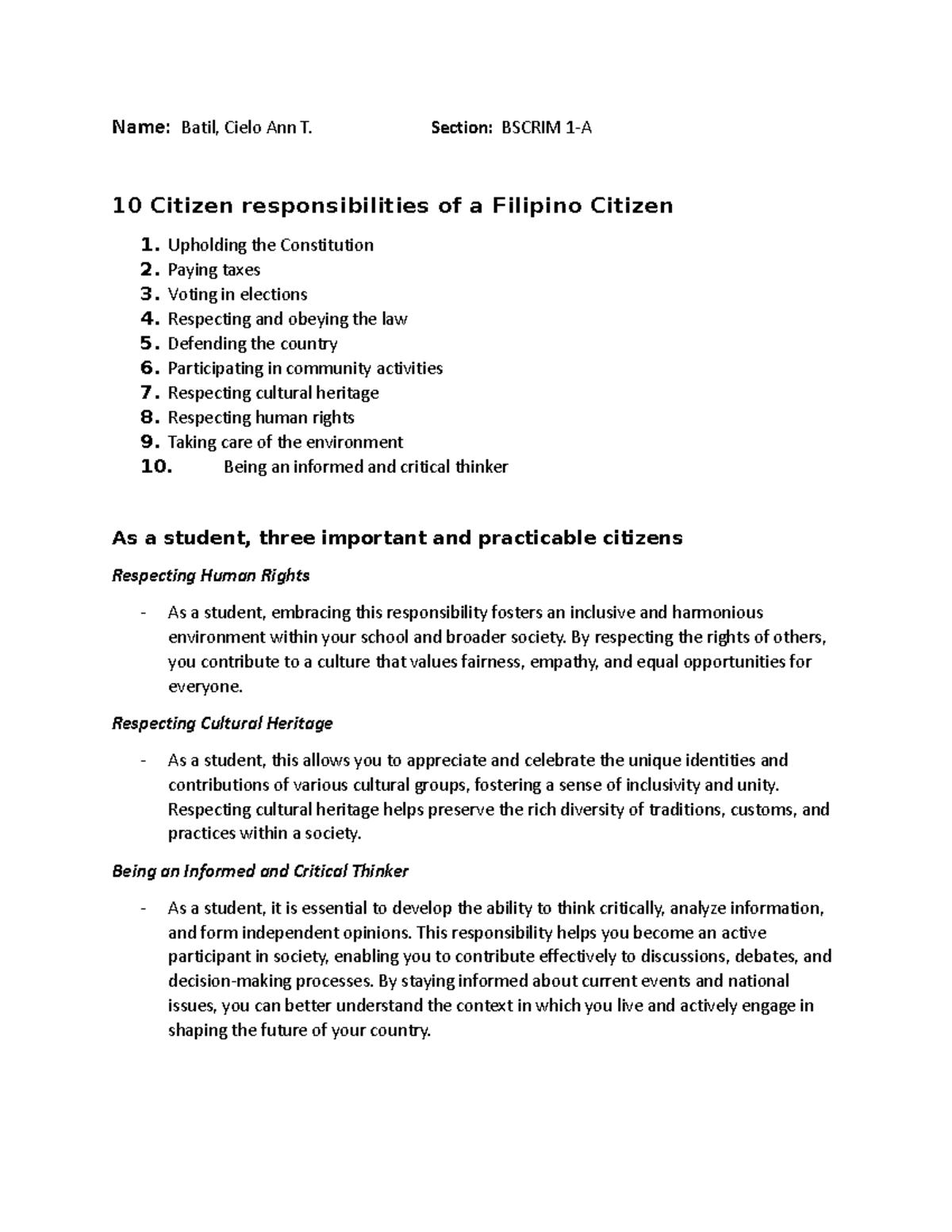 Citizen's Responsibility - Name: Batil, Cielo Ann T. Section: BSCRIM 1 ...