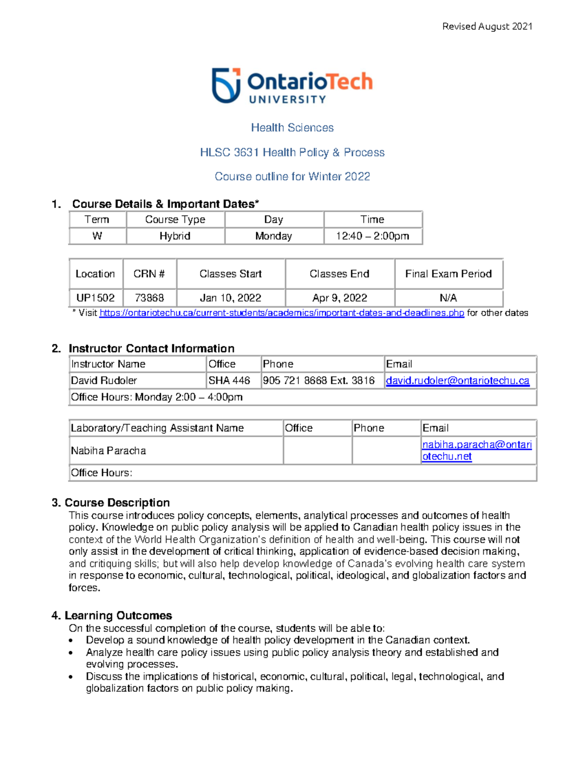 Course Outline - Health Sciences HLSC 3631 Health Policy & Process ...