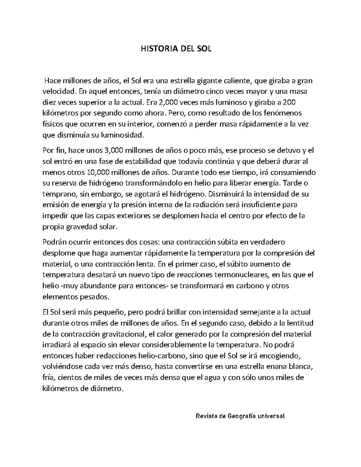 Historia DEL SOL - important - HISTORIA DEL SOL Hace millones de años ...