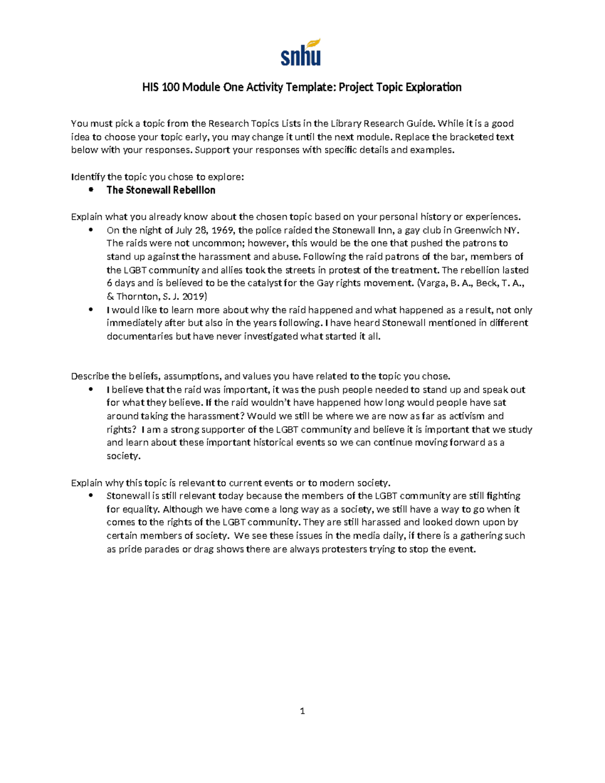 History Module 1 - HIS 100 Module One Activity Template: Project Topic ...