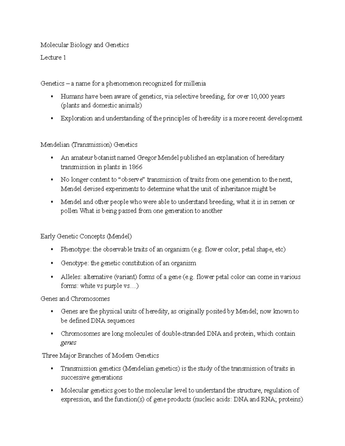 Molecular Biology and Genetics Lecture 1 - Molecular Biology and ...