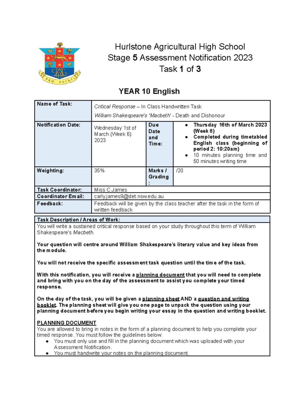 TASK 1 2023 YEAR 10- Assessment TASK Notification - Hurlstone ...