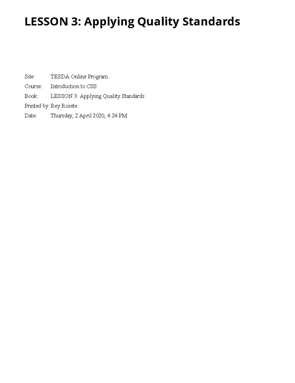 Lesson 3 Applying Quality Standards - LESSON 3: Applying Quality ...