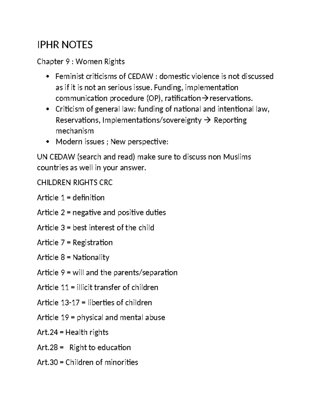 IPHR - notes - IPHR NOTES Chapter 9 : Women Rights Feminist criticisms ...