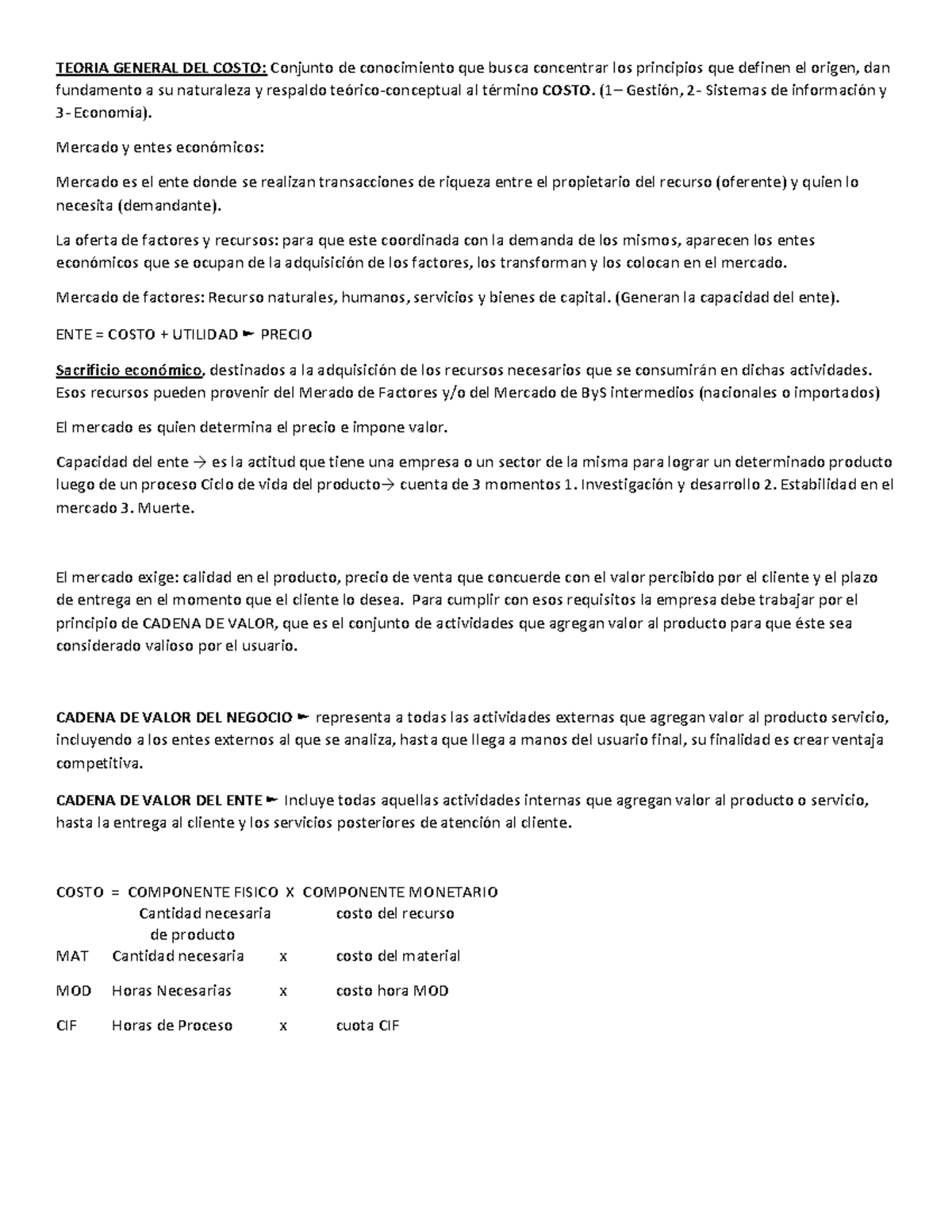 Resumen Costos 1er Parcian 2024 Bombio - TEORIA GENERAL DEL COSTO ...