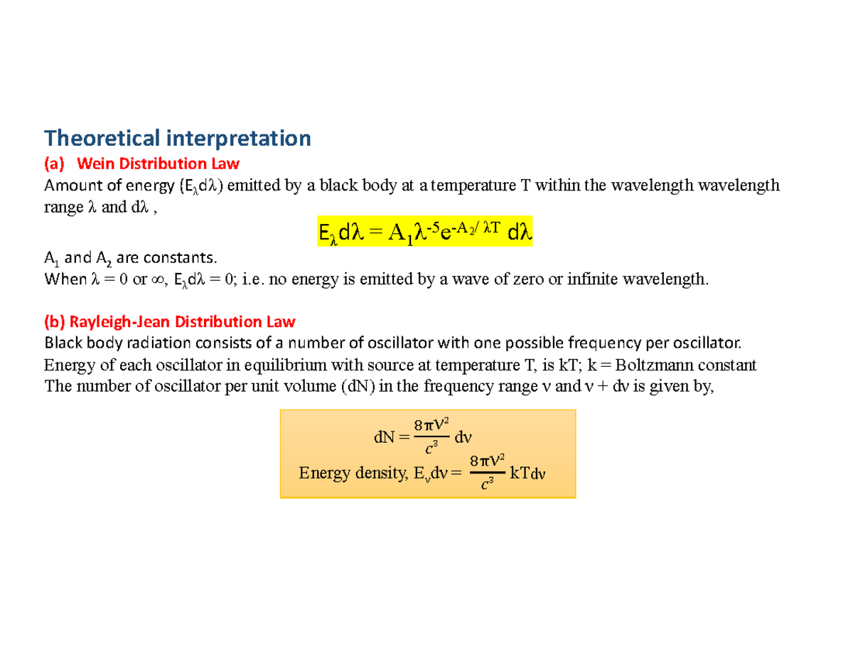 Black body new - Theoretical interpretation (a) Wein Distribution Law ...