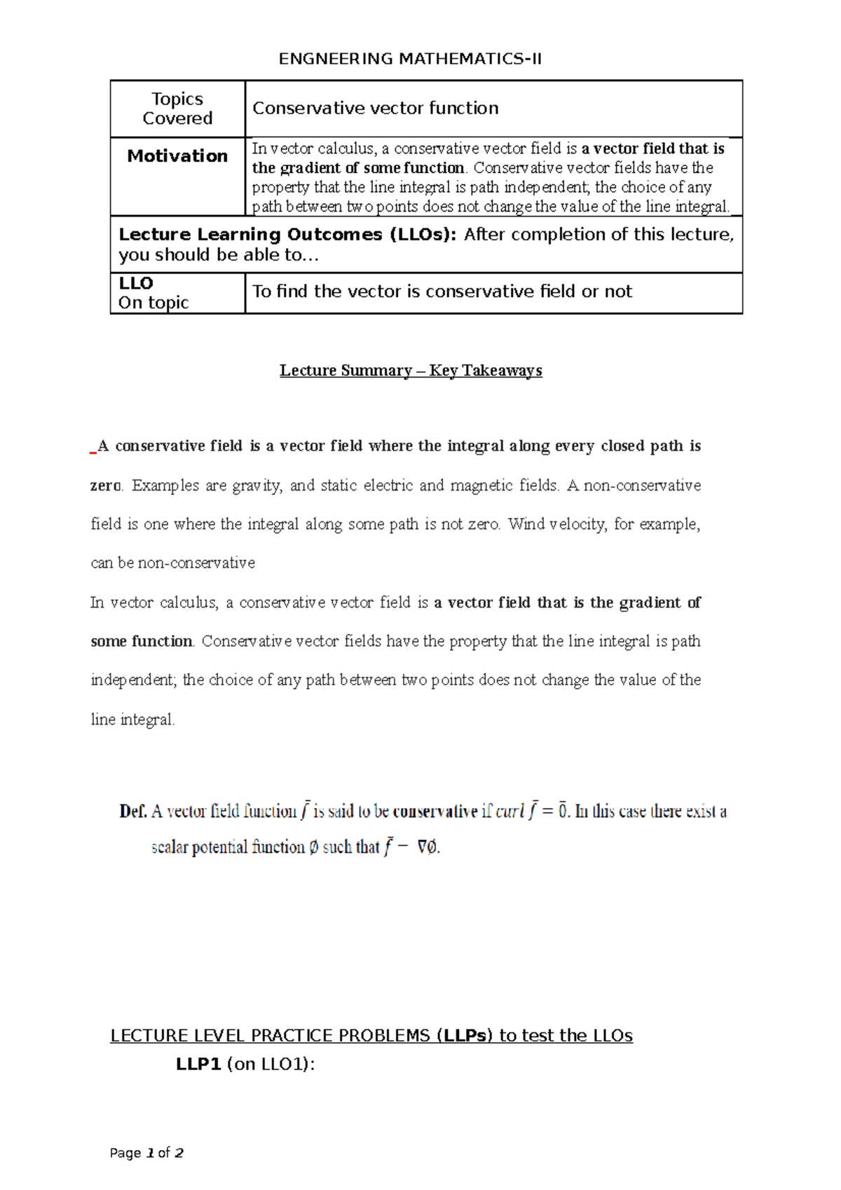 Conservative vector function - ENGNEERING MATHEMATICS-II Topics Covered Conservative vector ...