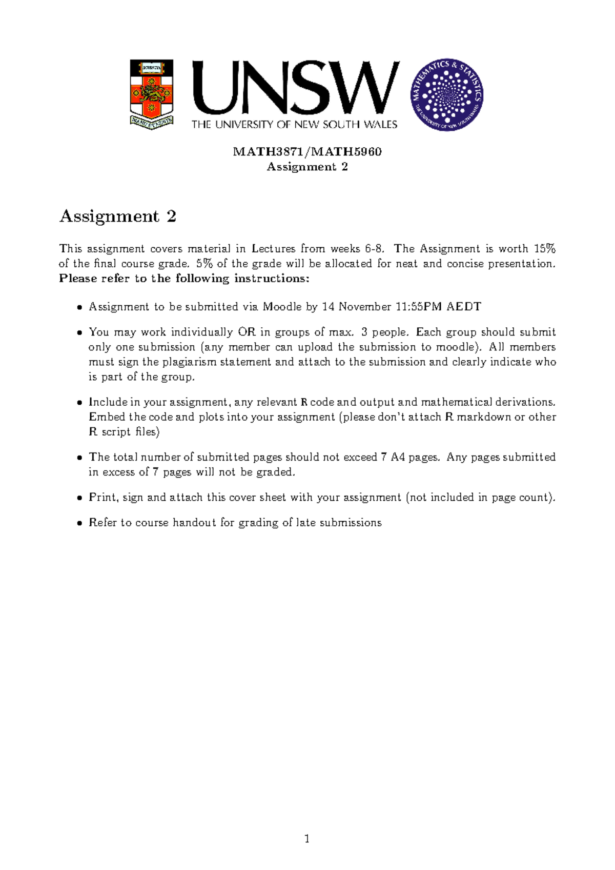 Assignment-2 - Assignment-2 - MATH3871/MATH Assignment 2 Assignment 2 This assignment covers ...