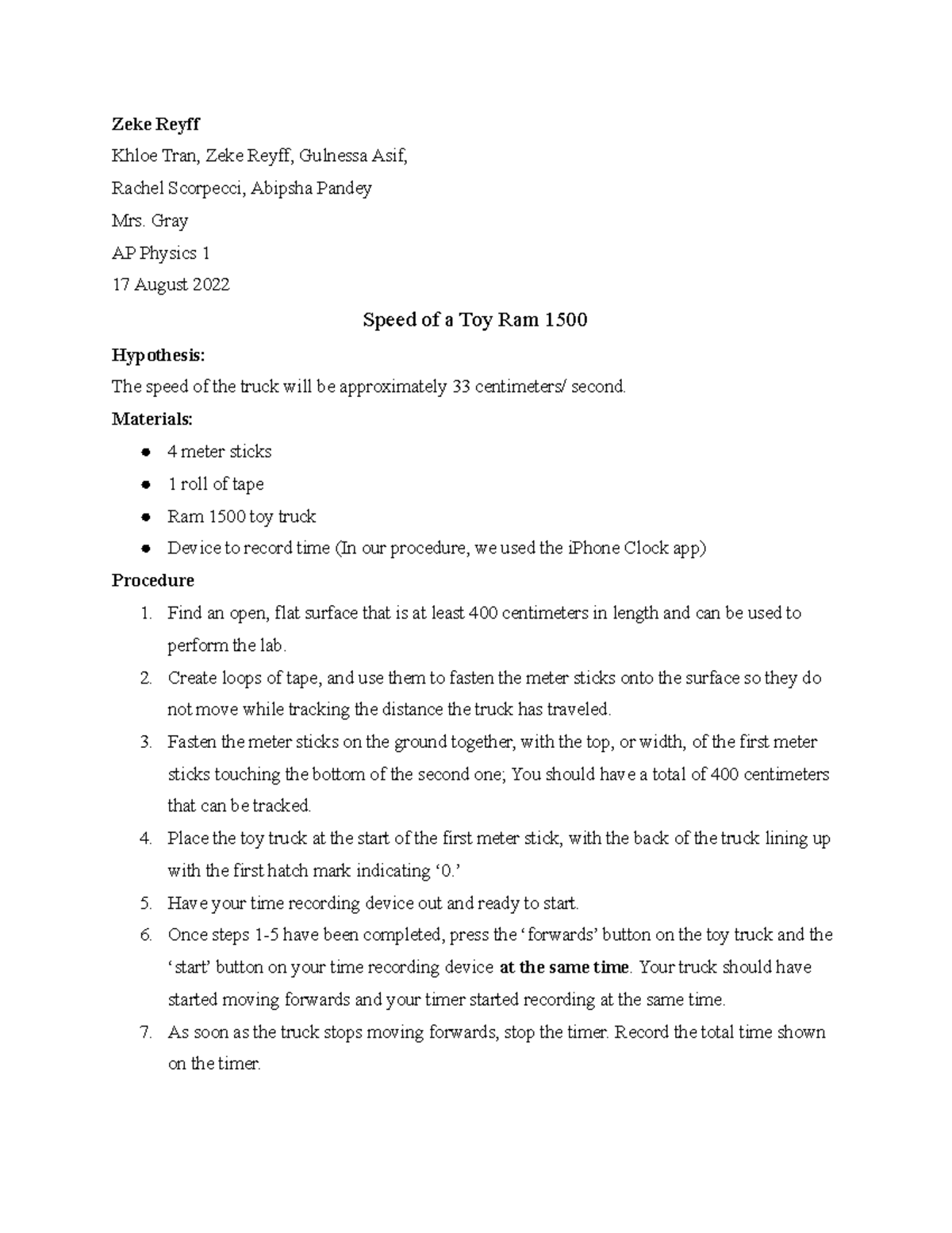 Copy of AP Physics - Speed Lab - Zeke Reyff Khloe Tran, Zeke Reyff ...