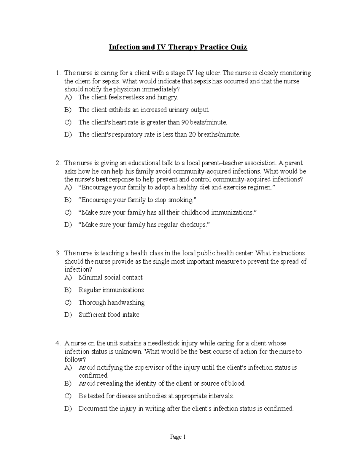Infection and IV therapy Practice Quiz w key - Infection and IV Therapy ...