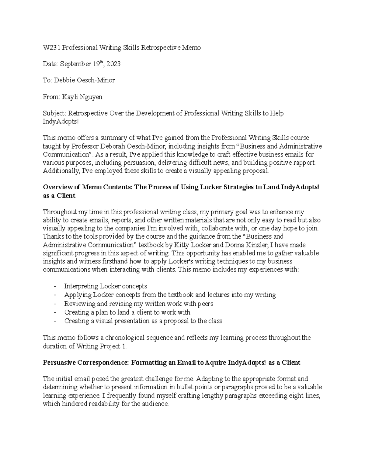 Professional Writing Skills Retrospective Memo - As a result, I've ...