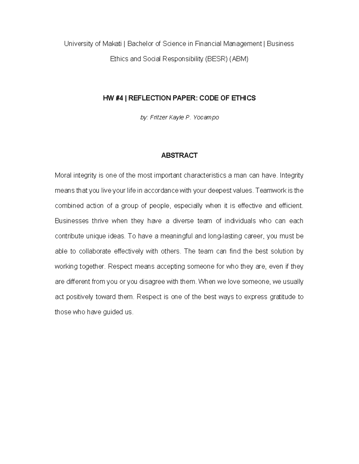 Business Ethics and Social Responsibility Code of Ethics Reflection ...