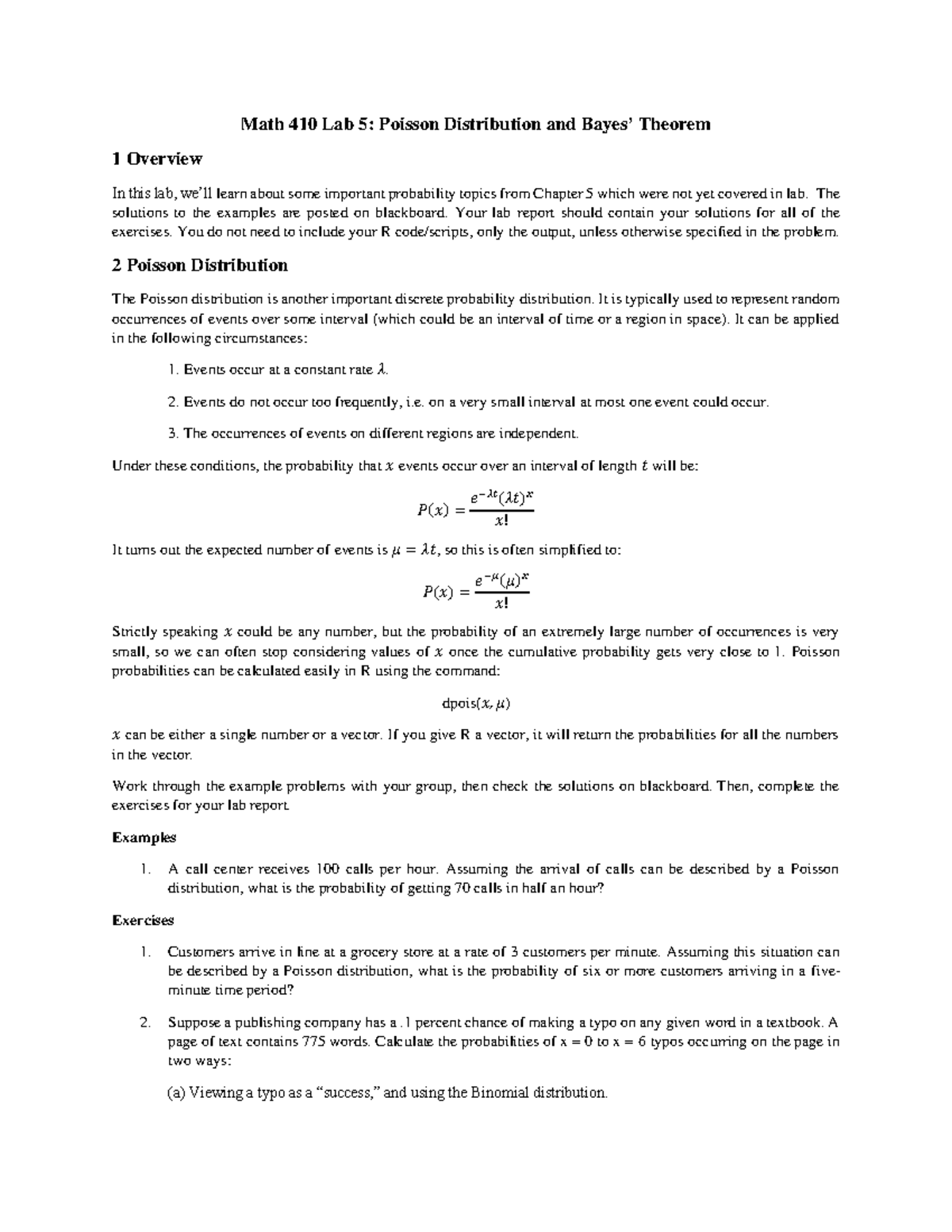 Lab 5- Poisson Distribution - Math 410 Lab 5 : Poisson Distribution and Bayes’ Theorem 1 ...