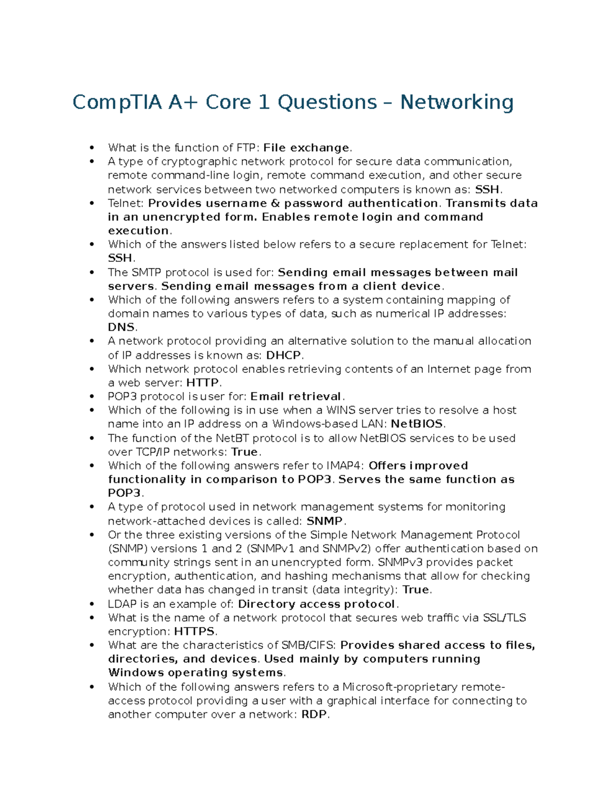 Comp TIA A+ Core 1 Networking Questions - CompTIA A+ Core 1 Questions – Networking What is the ...
