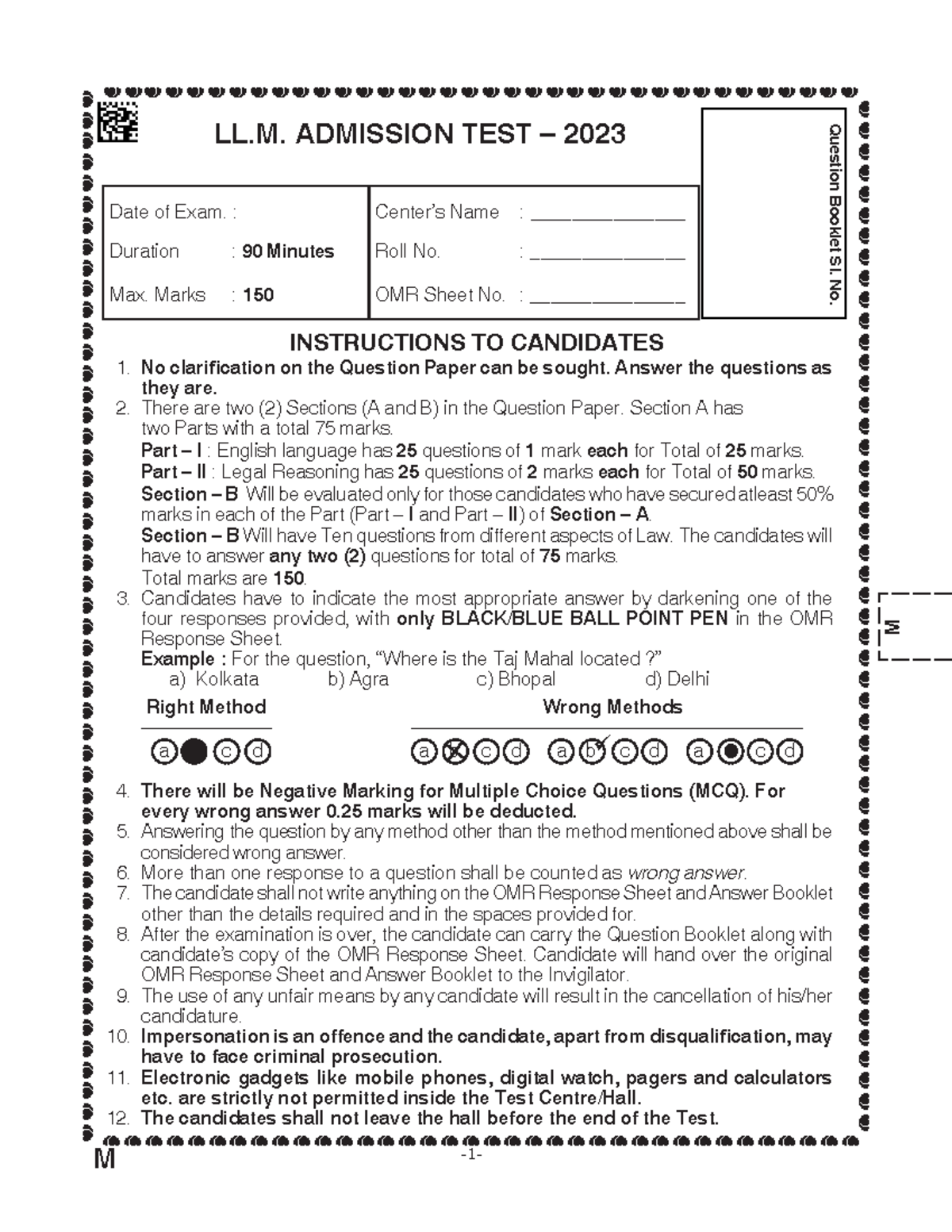 Ailet 2023 master question booklet llm 027a2f8f8e02e - LL. ADMISSION ...