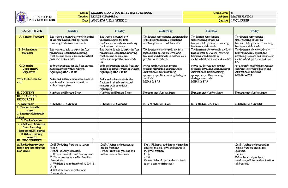 WEEK1-dll-MATH - Lesson plan - GRADE 1 to 12 DAILY LESSON LOG School ...