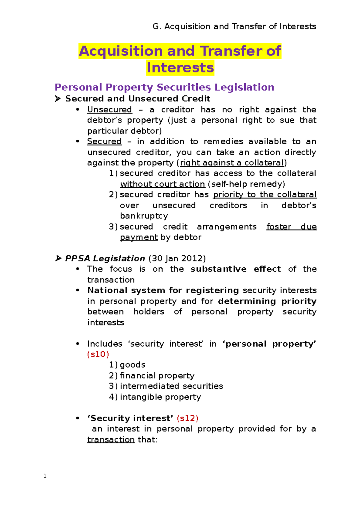 G. Acquisition and Transfer of Interests - Acquisition and Transfer of ...
