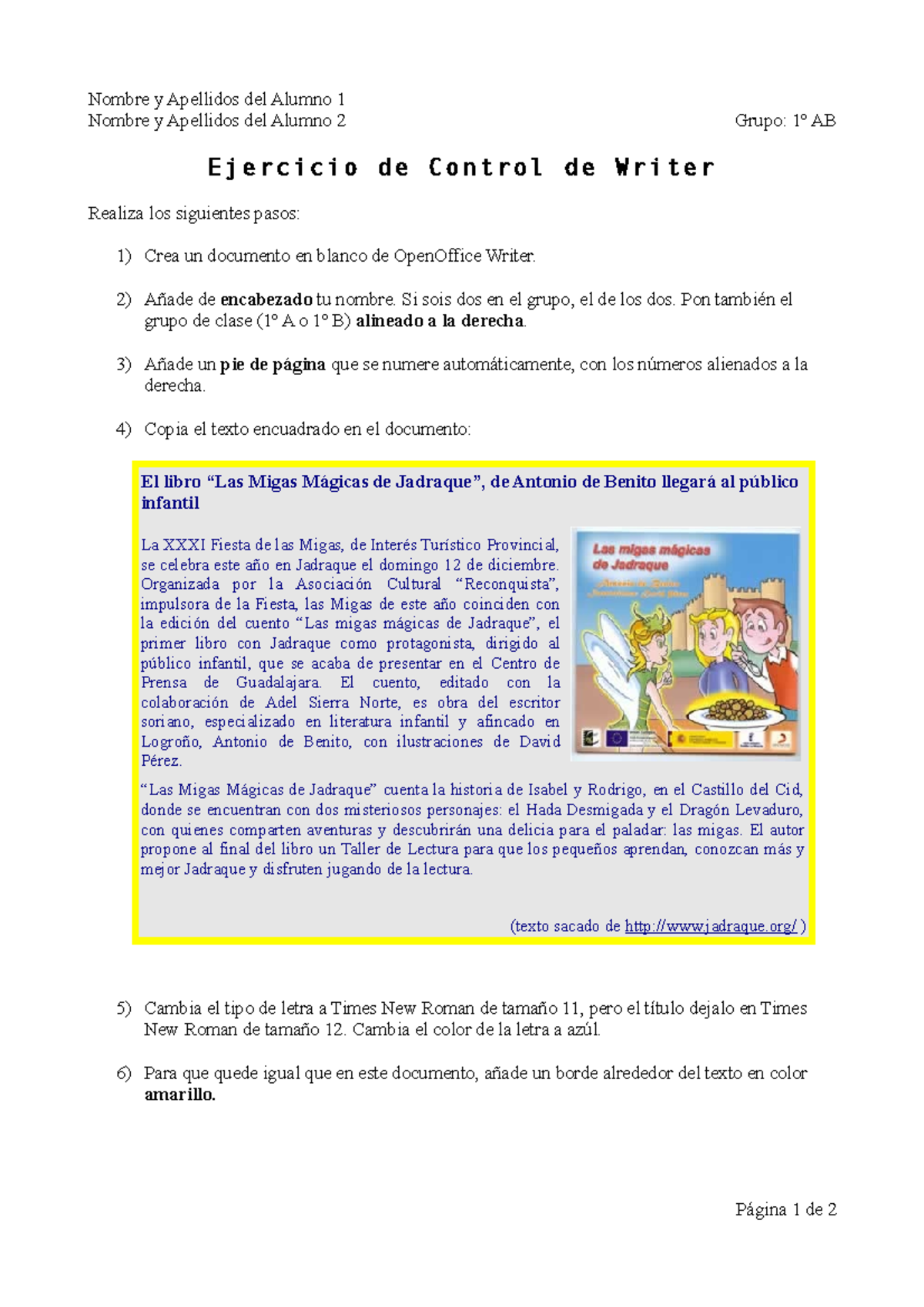 Examen writer - Evaluación procesador de textos - Nombre y Apellidos del Alumno 1 Nombre y ...