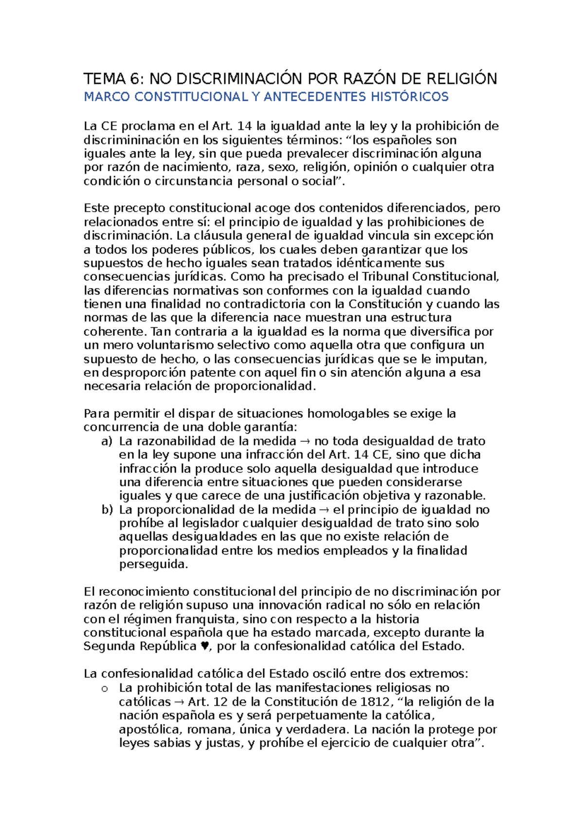 T6 - t6 derecho eclesiástico - TEMA 6: NO DISCRIMINACIÓN POR RAZÓN DE RELIGIÓN MARCO ...