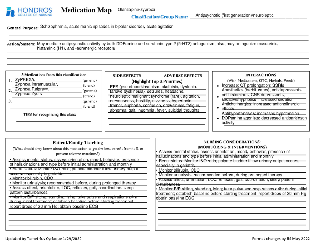 Olanzapine-wk 7 - Medication card - Medication Map Classification/Group ...
