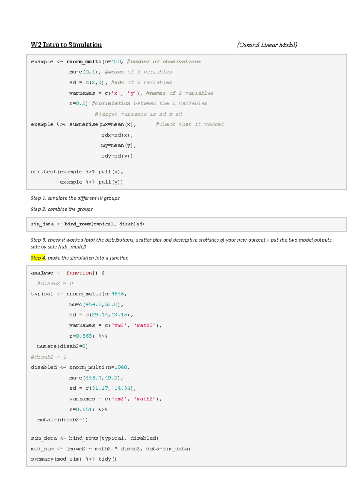 W2 Simulation code cheat sheet - W2 Intro to Simulation (General Linear ...