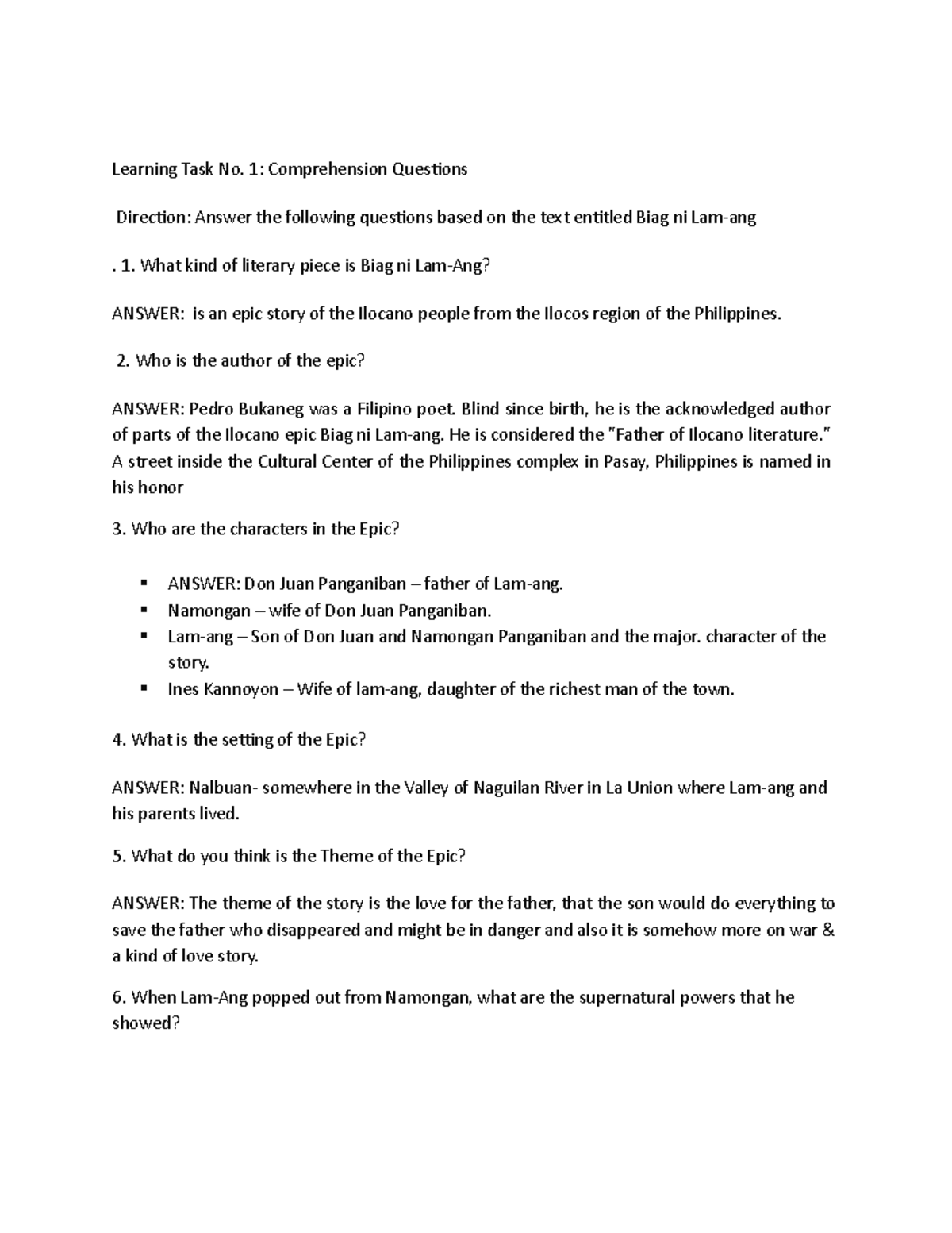 Literature 4 - Learning Task No. 1: Comprehension Questions Direction ...