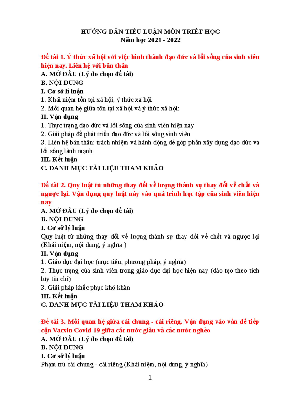 2. Hướng dẫn Tiểu luận Triết 2021-2022 - H NG D N TI U LU N MÔN TRI T H CƯỚ Ẫ Ể Ậ Ê O Năm h c ...