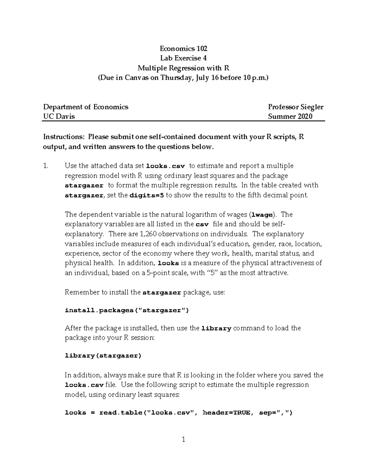 Economics 102 Lab Exercise 4 - 1 **Economics 102 ** Lab Exercise 4 ...