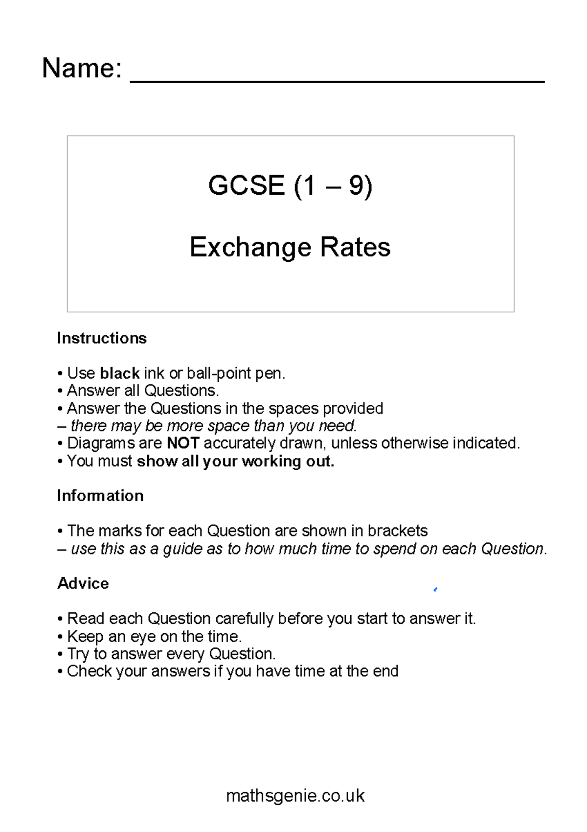 3-exchange-rates - GCSE (1 – 9) Exchange Rates Name ...