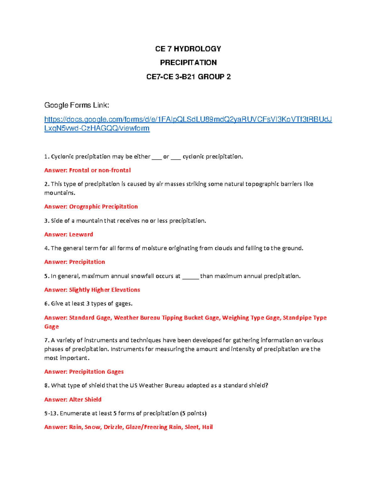 CE 7 Hydrology Precipitation QUIZ - CE 7 HYDROLOGY PRECIPITATION CE7-CE ...