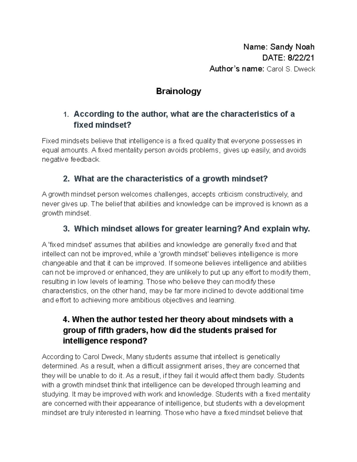 Sandy Noah - 1.9 Brainology Reading Activity - Name: Sandy Noah DATE: 8 ...
