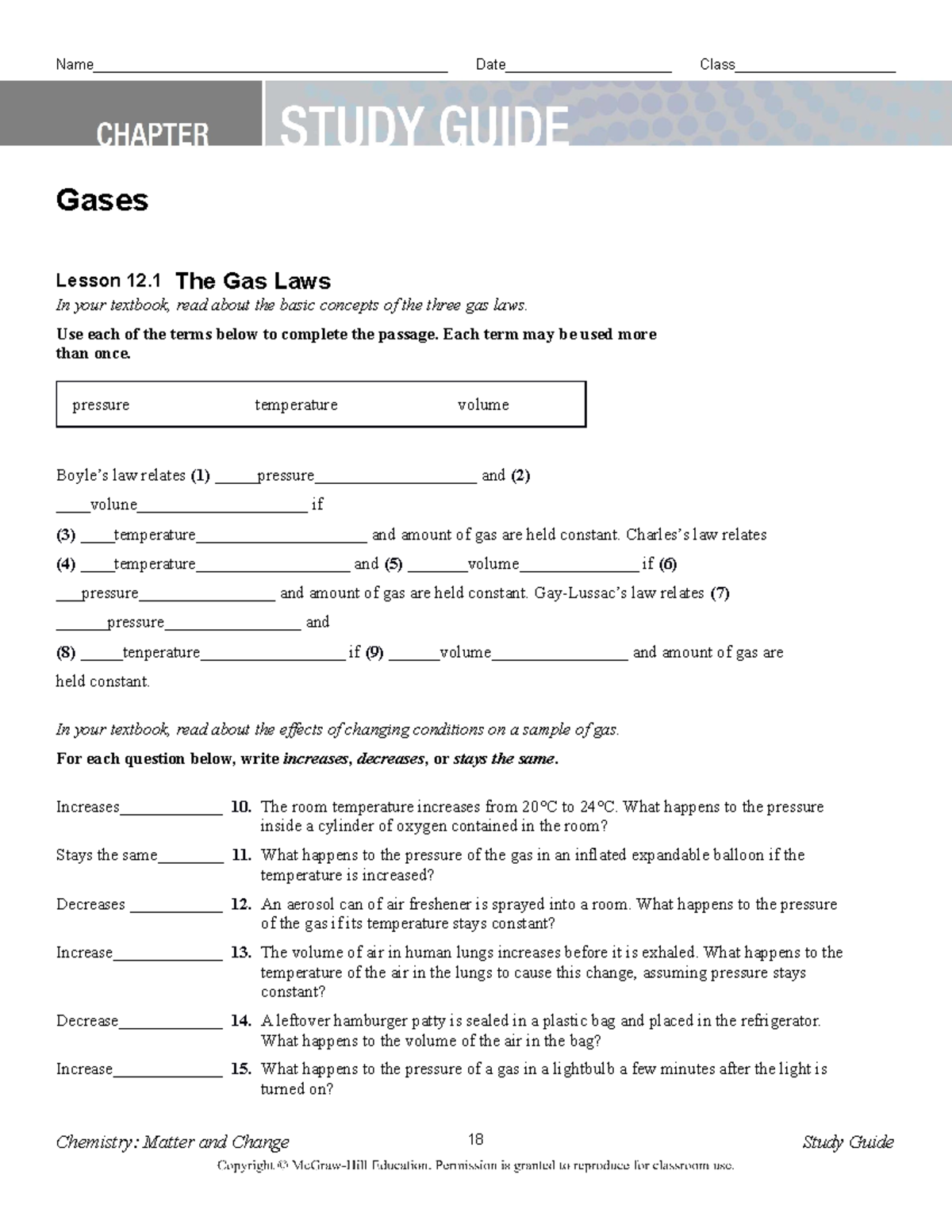 Study Guide Gases Student (1) copy copy - 12 Gases Lesson 12 The Gas ...
