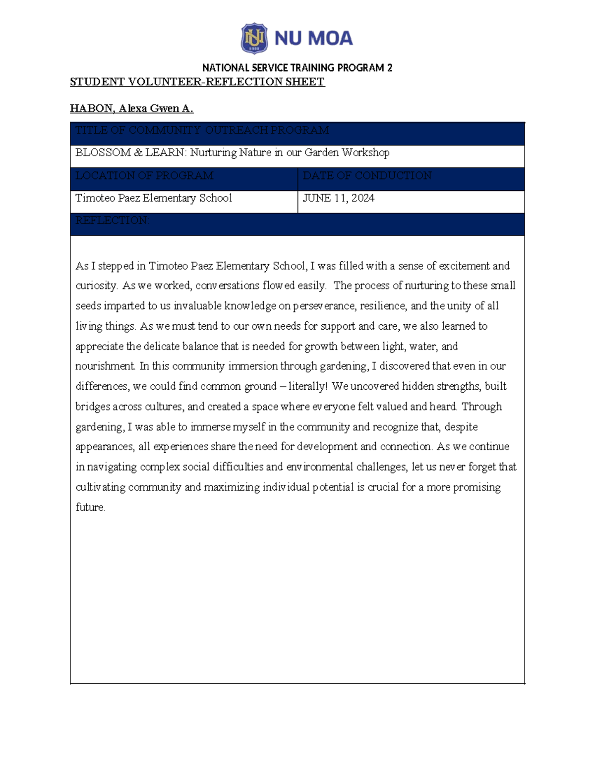 Student reflection format - NATIONAL SERVICE TRAINING PROGRAM 2 STUDENT VOLUNTEER-REFLECTION ...