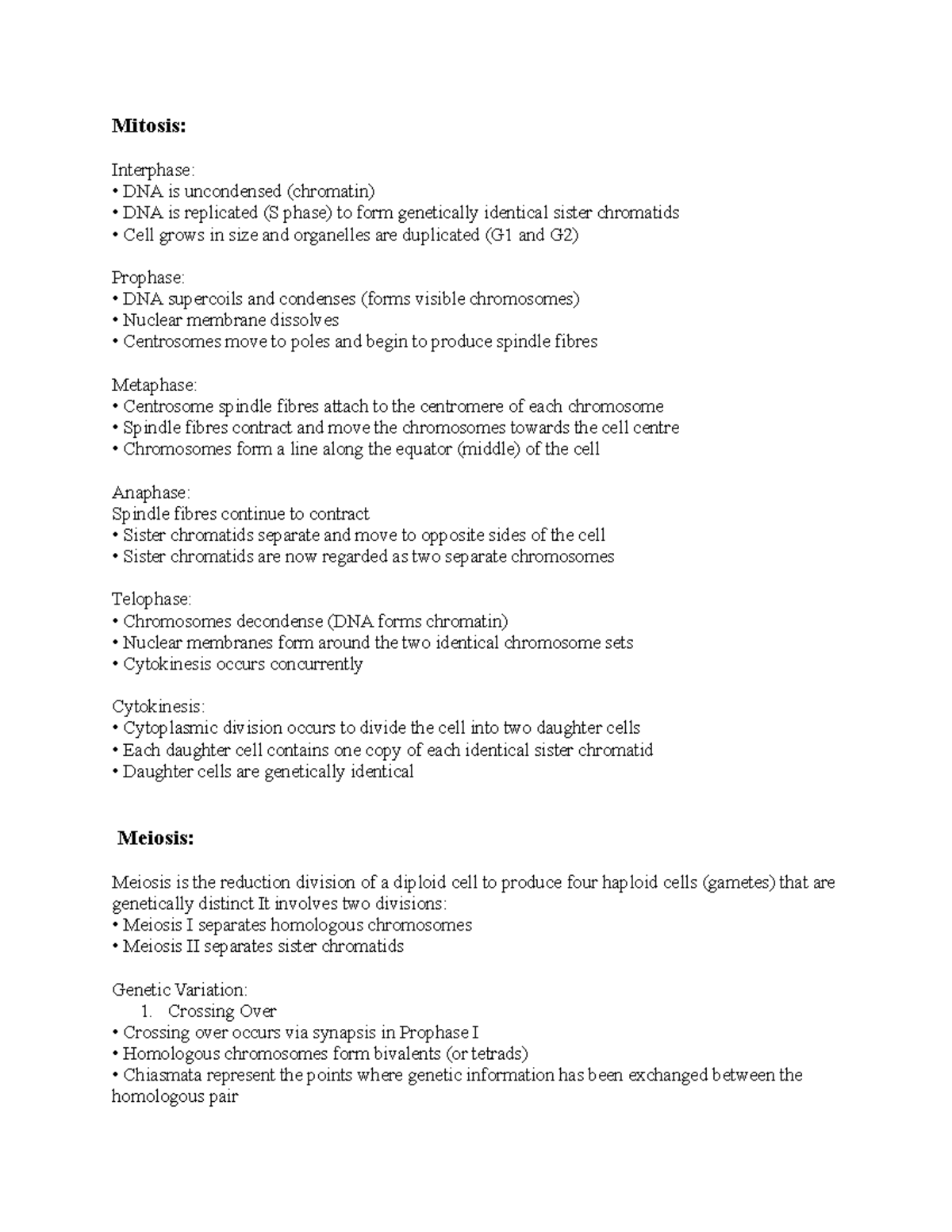 Mitosis, meiosis, regulation - Mitosis: Interphase: DNA is uncondensed ...