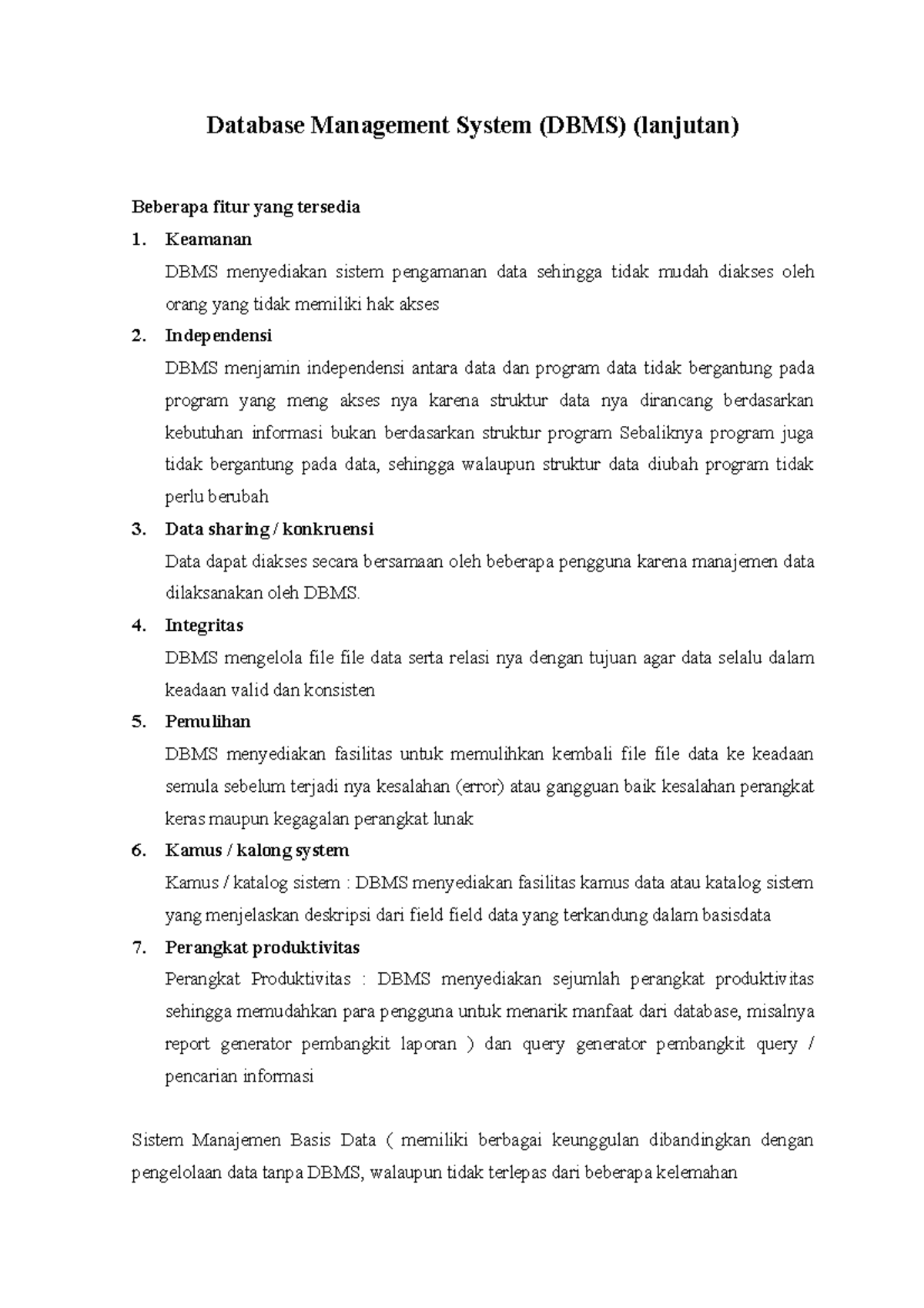 Basis Data #01d (Data Base Management System Lanjutan) - Database Management System (DBMS) - Studocu