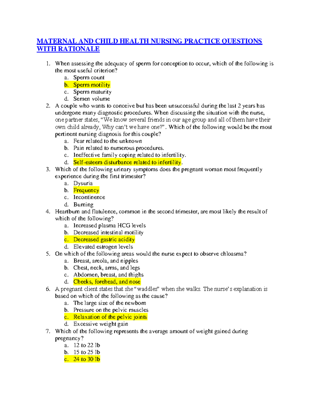 MCN Practice Questions - MATERNAL AND CHILD HEALTH NURSING PRACTICE QUESTIONS WITH RATIONALE ...