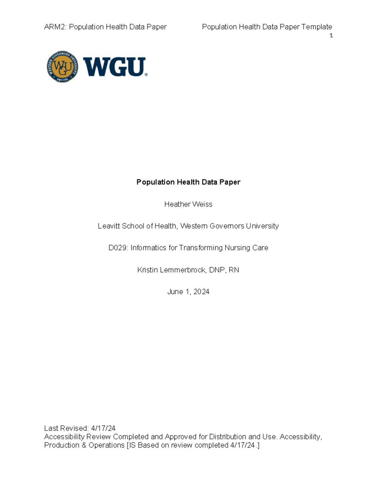 Population Health Data Paper Template - 1 Population Health Data Paper ...