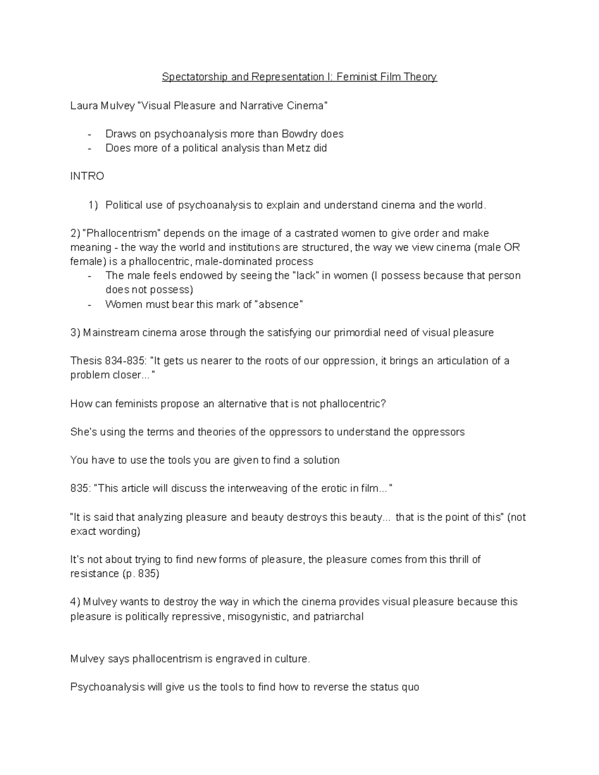 Film 382 - Spectatorship and Representation I Feminist Film Theory ...