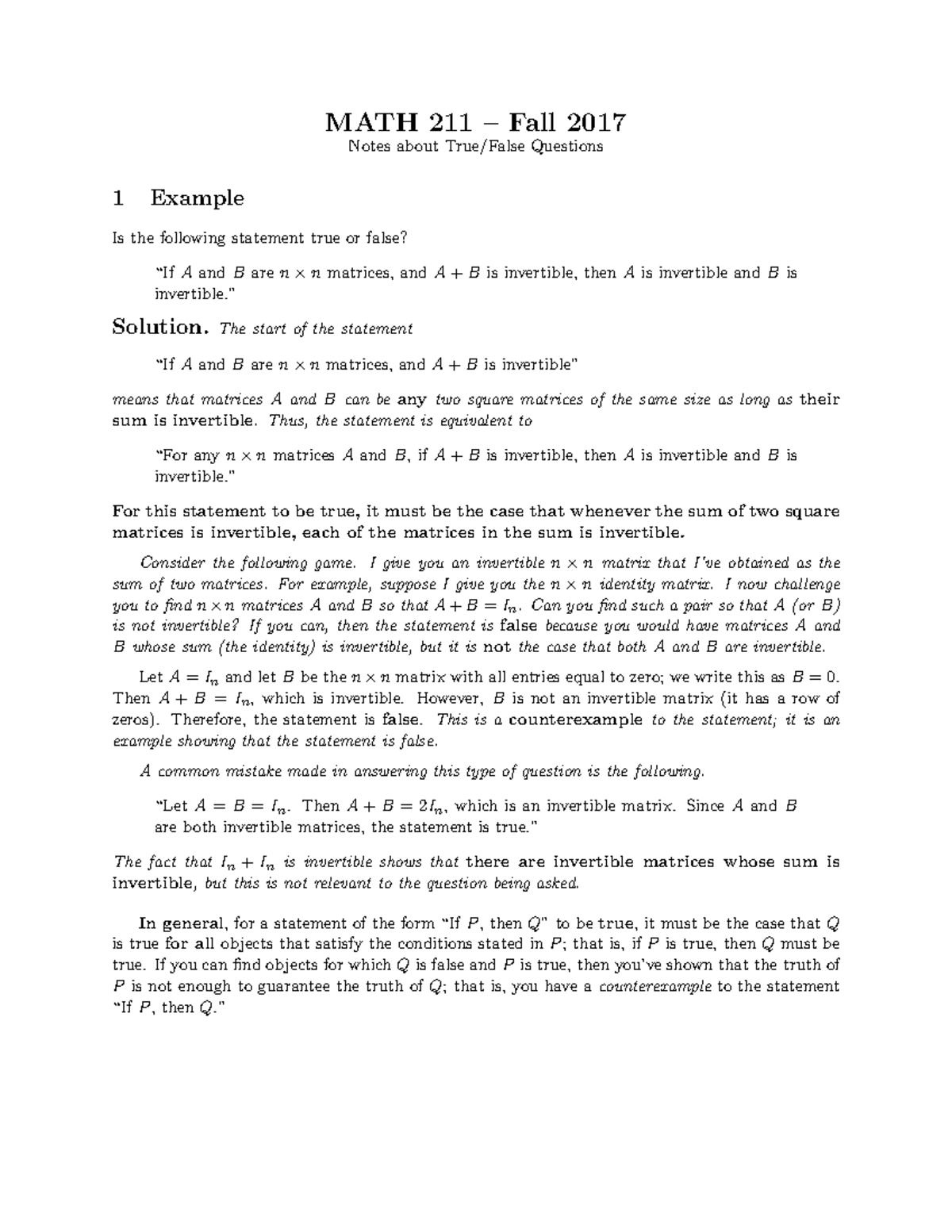 Notes About True False Questions - MATH 211 – Fall 2017 Notes about ...