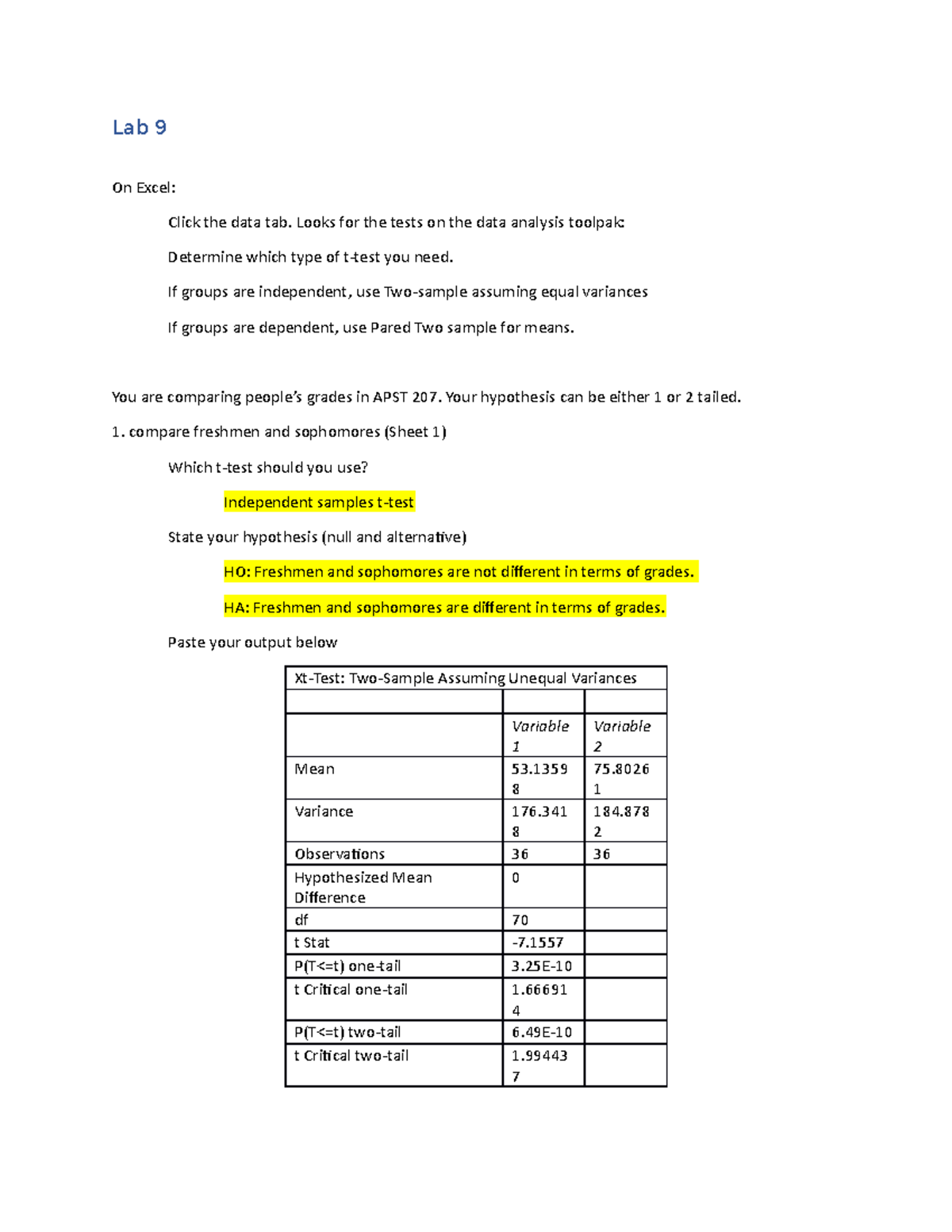 Lab 9 Statistics Lab 9 On Excel Click The Data Tab Looks For The Tests On The Data Analysis