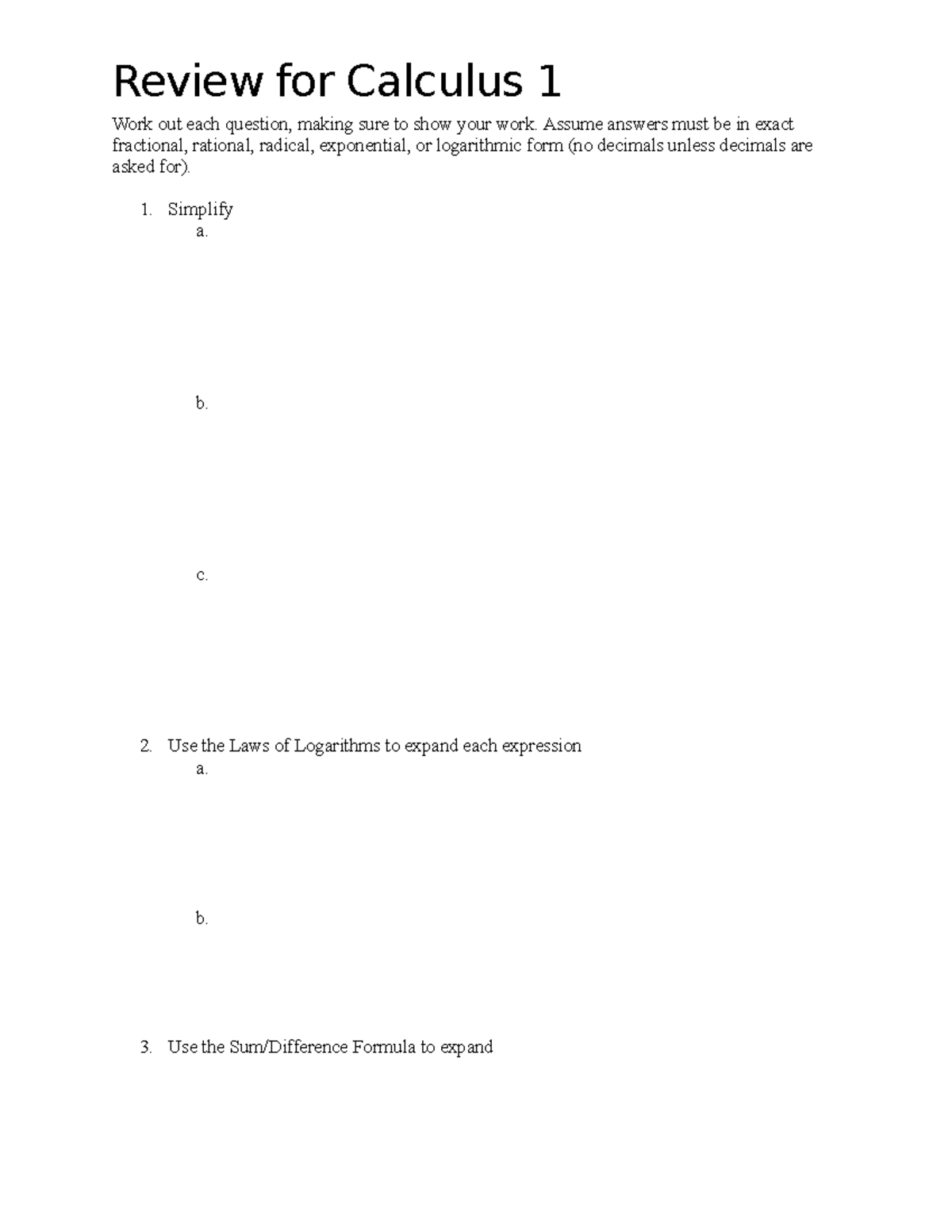Review for Calculus - MATH 2413 - Assume answers must be in exact ...
