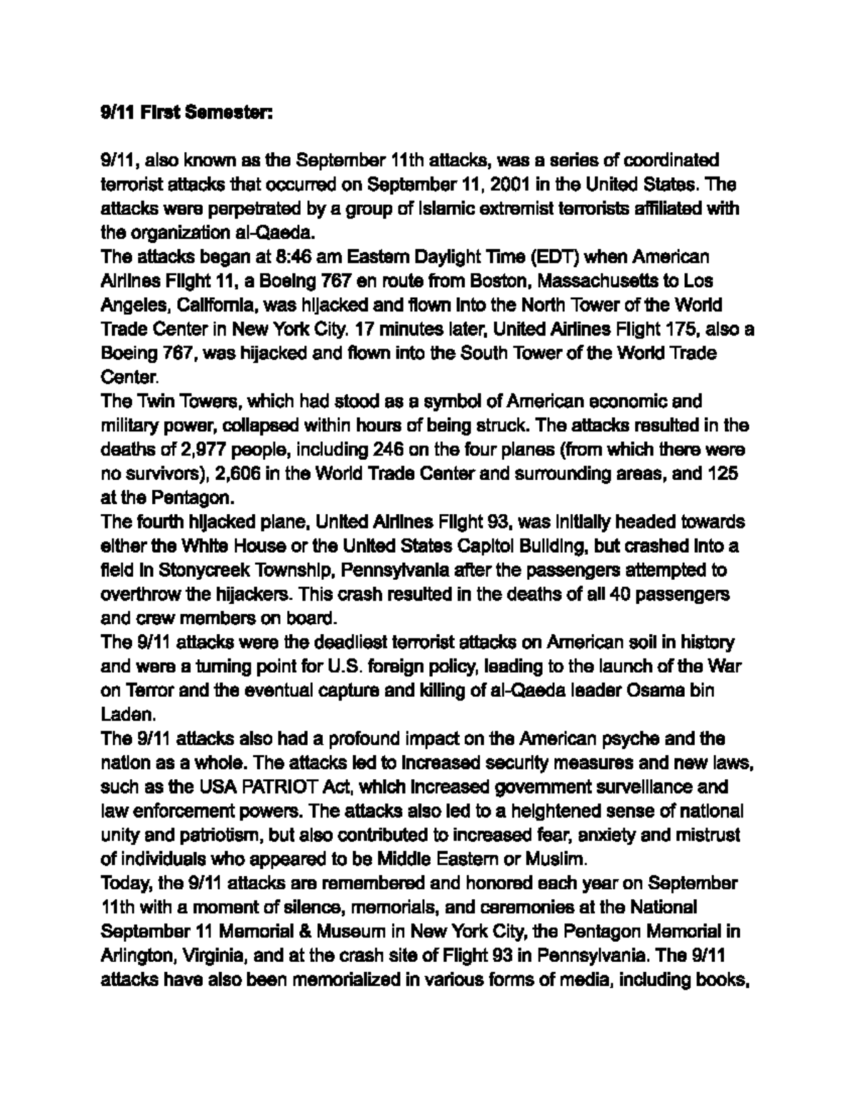 Attacks on September 11 Notes - HST 122 - Studocu